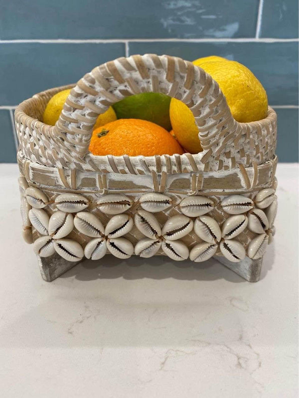 Hamptons Natural Rattan and Cowrie Basket | Whitewashed | Small – BoHo ...